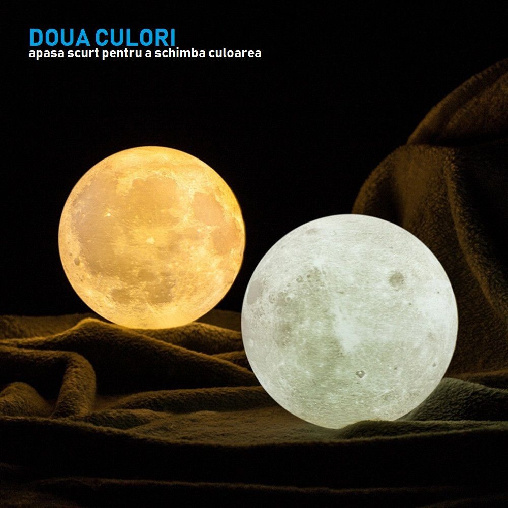 Moon Lamp 3D - lampa in forma de luna, lumina LED, stand lemn